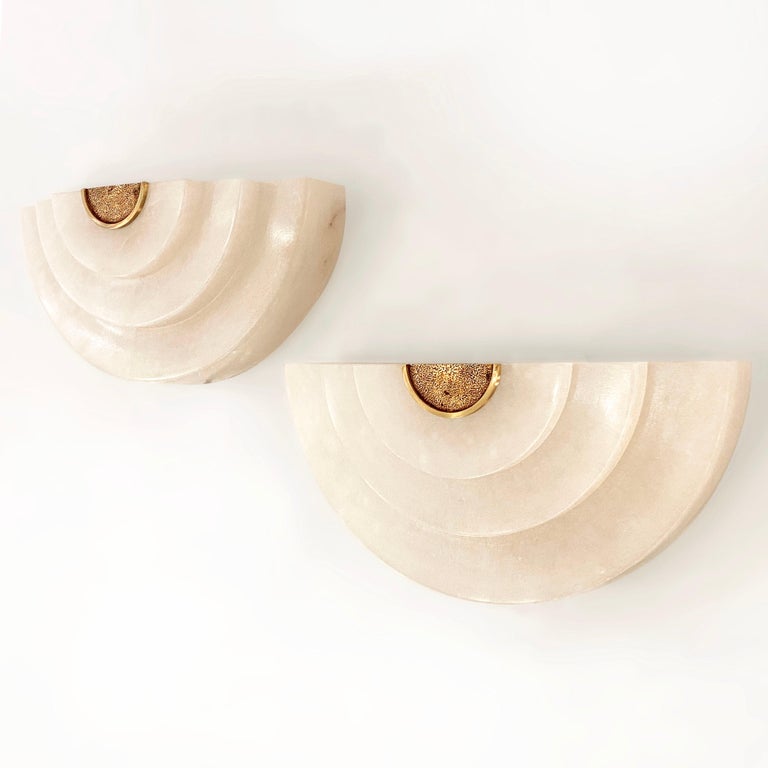 Contemporary European Half Moon Pair of Cream Alabaster and Brass ...