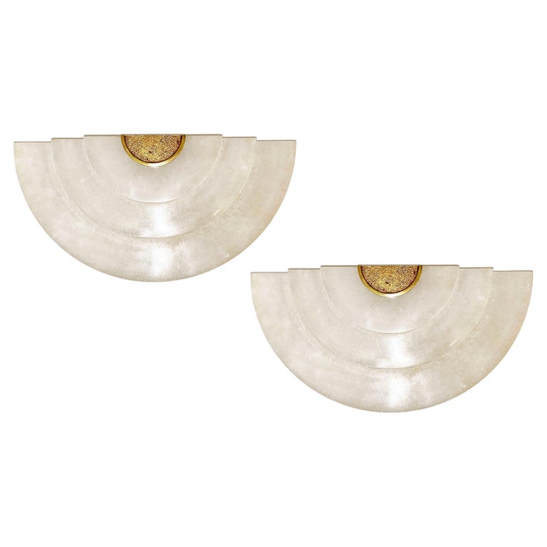 Contemporary European Half Moon Pair of Cream Alabaster and Brass ...