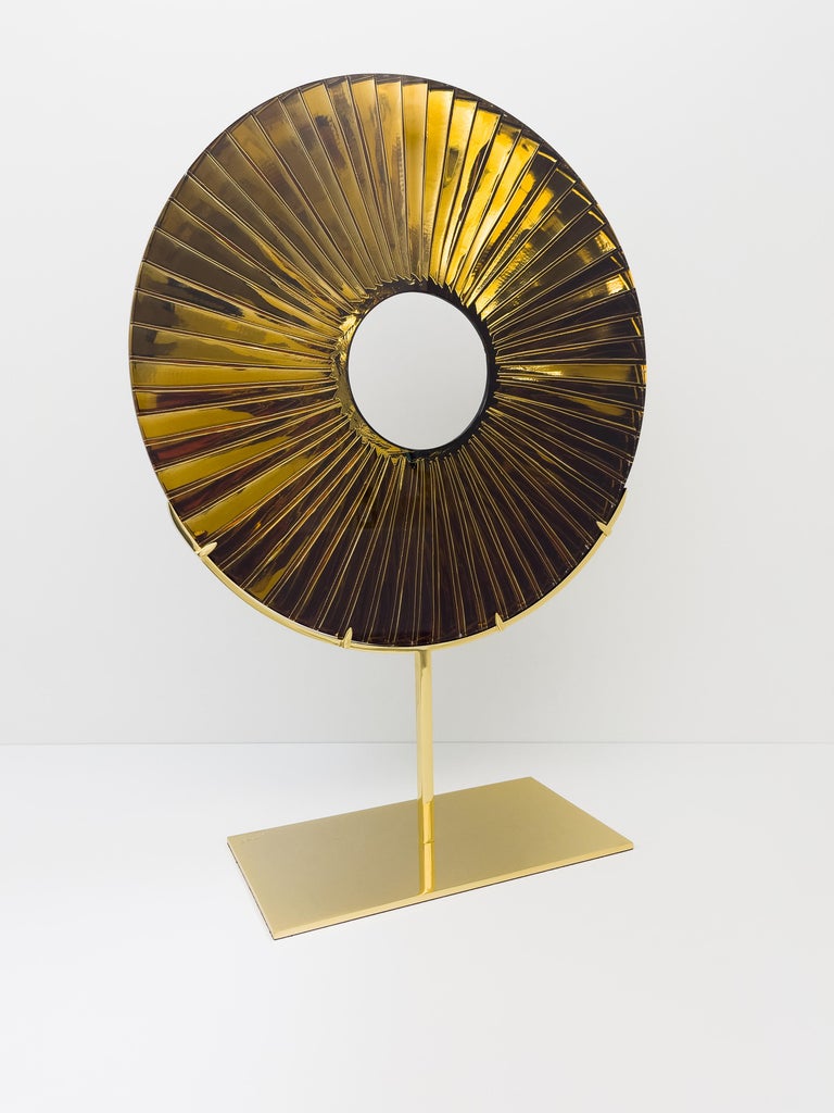 Contemporary 'Eye' Sculpture Amber D:40cm Glass, Brass and Gold by ...