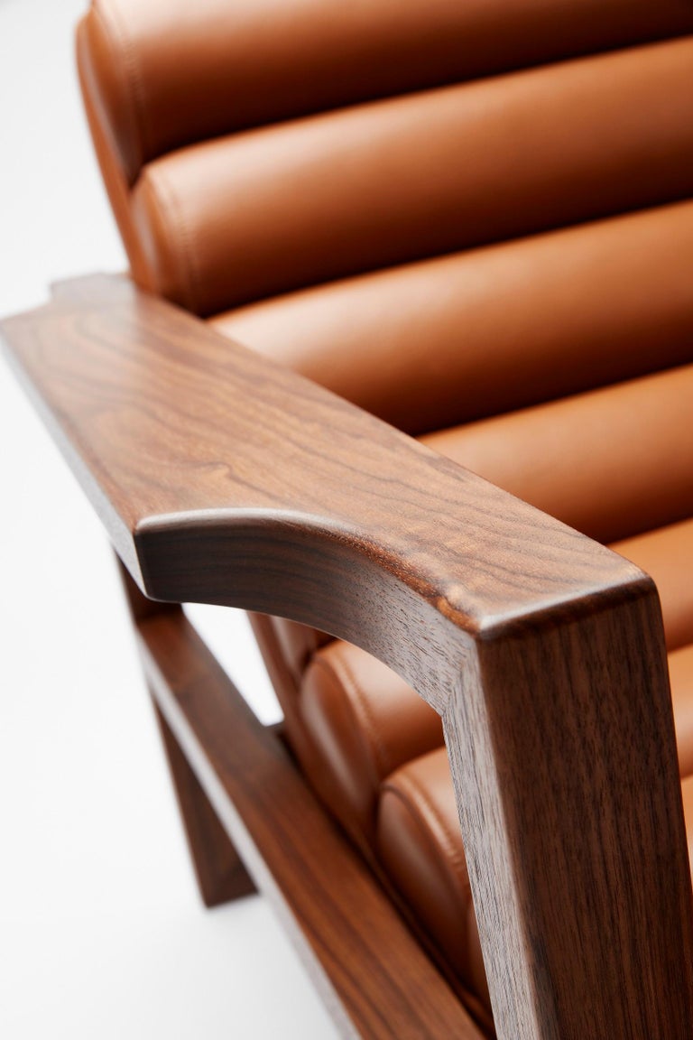 Contemporary Fluted Florence Easy Chair in Tan Leather and Oiled Walnut ...