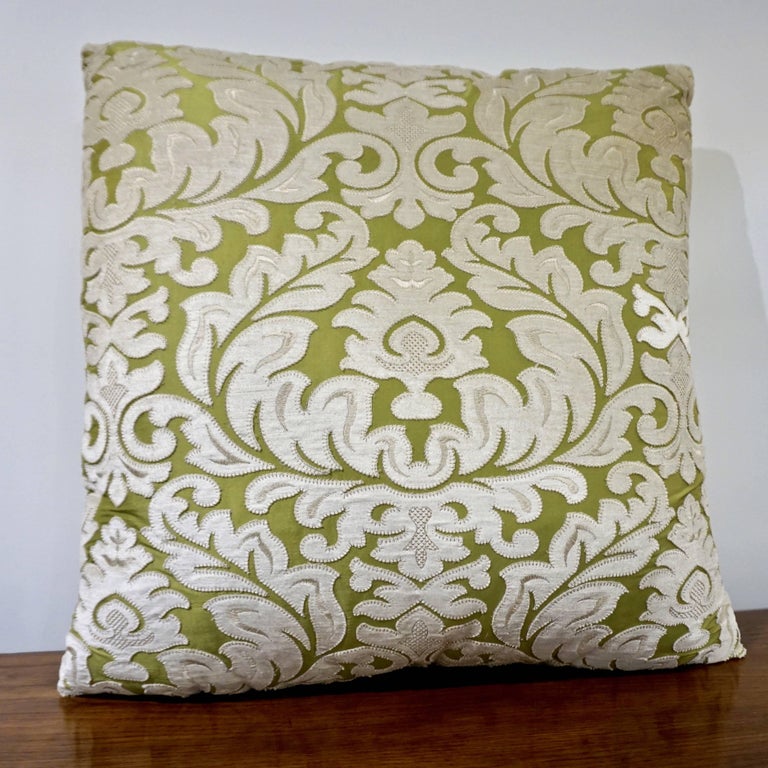 Contemporary French Green and Ivory White Damask Velvet Throw Pillows ...