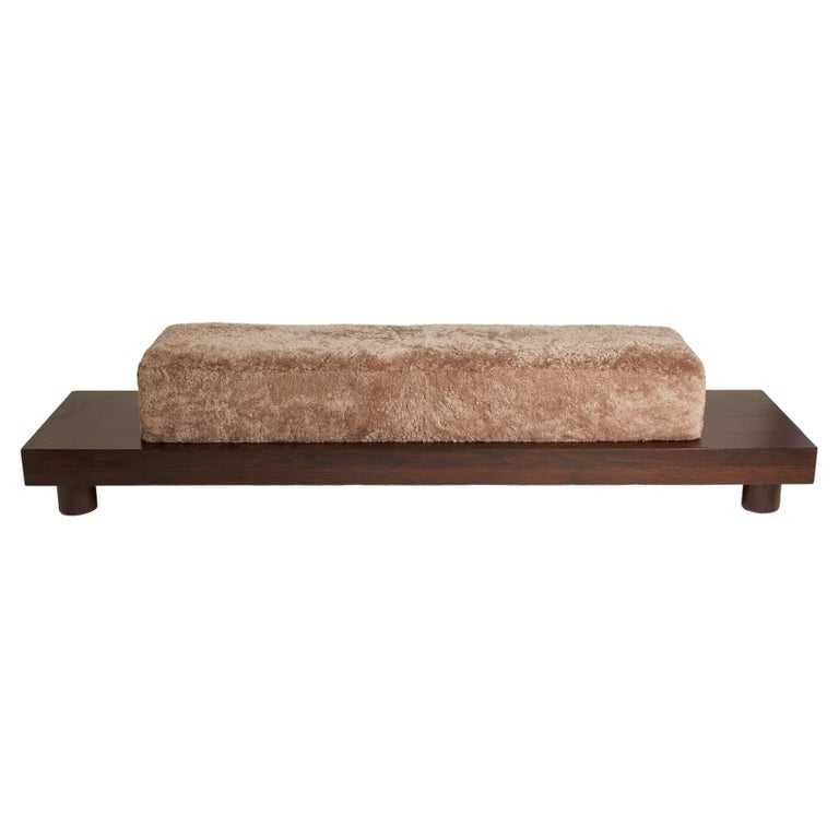 Contemporary French Solid Walnut Bench with Beige/ Taupe Curly ...