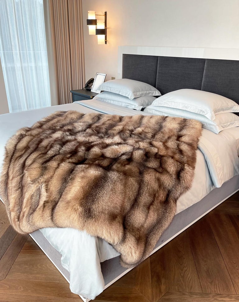 Contemporary Full Pelt Crystal Fox Fur Throw Blanket Hand Stitched Silk ...
