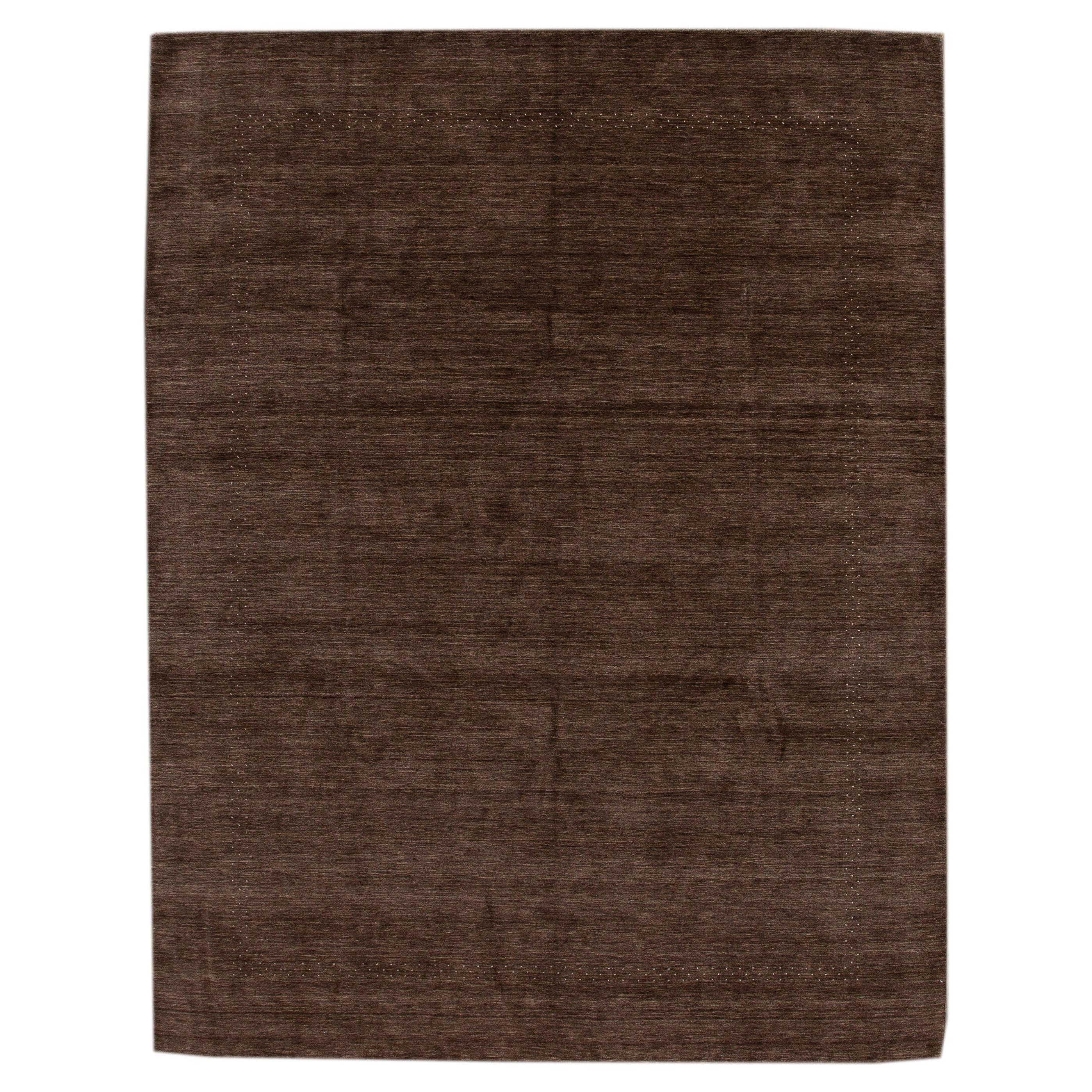 Contemporary Gabbeh Style Hand-Loom Solid Brown Wool Rug at 1stDibs
