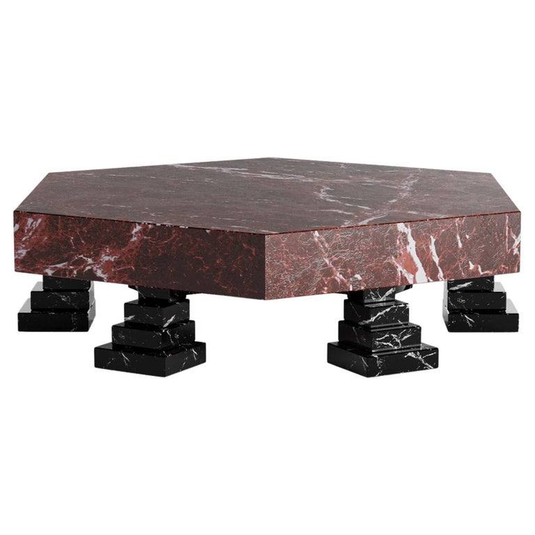 Contemporary Geometric Center Table in Red Levanto Marble and Nero ...