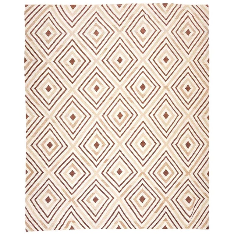 Geometric Flat-Weave Handmade Beige Kilim Wool Rug. 3.80 x 3.10 m For ...