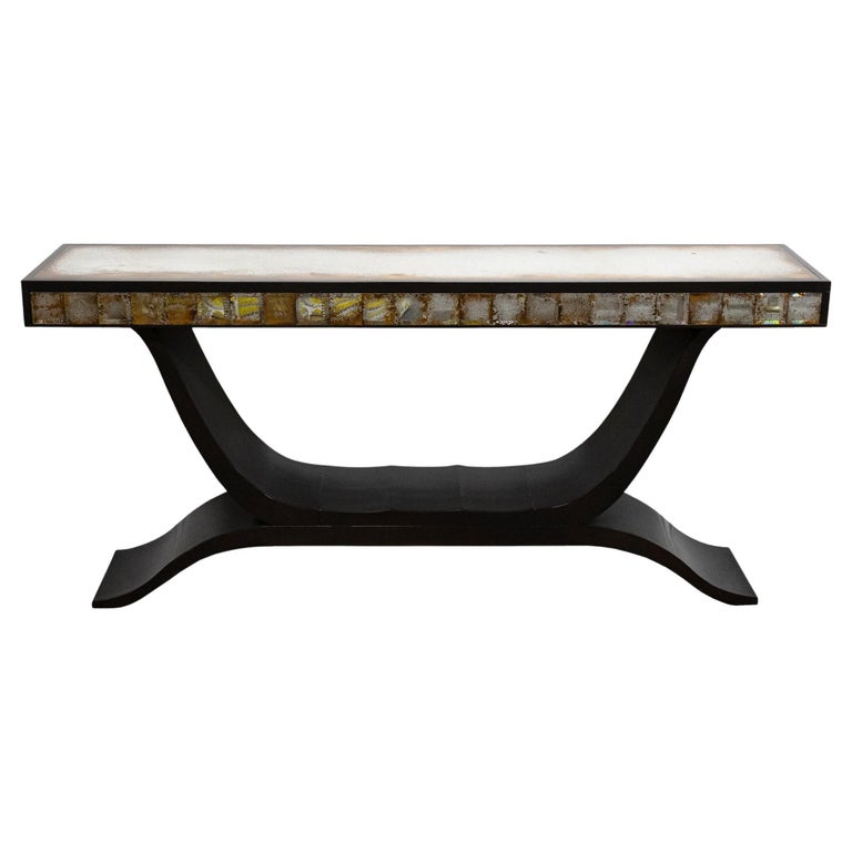 Contemporary Glass Mosaic w/ Gold Speckled Design Top and Ornate Wood ...