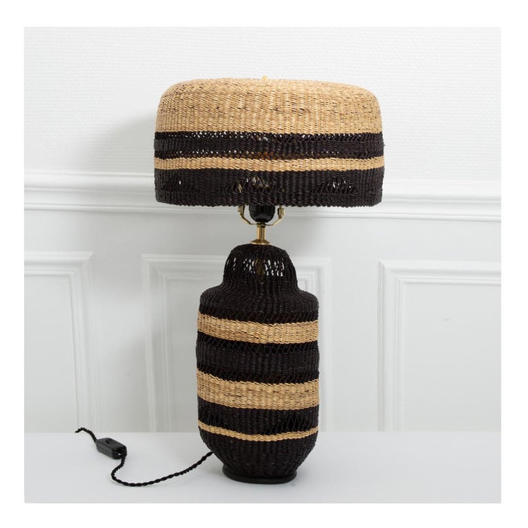 Contemporary Ethnic Patterned Table Lamp Handwoven Straw Black For Sale ...