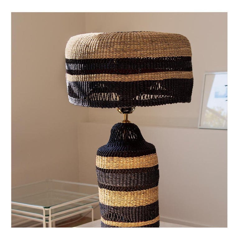 Contemporary Ethnic Patterned Table Lamp Handwoven Straw Black For Sale ...