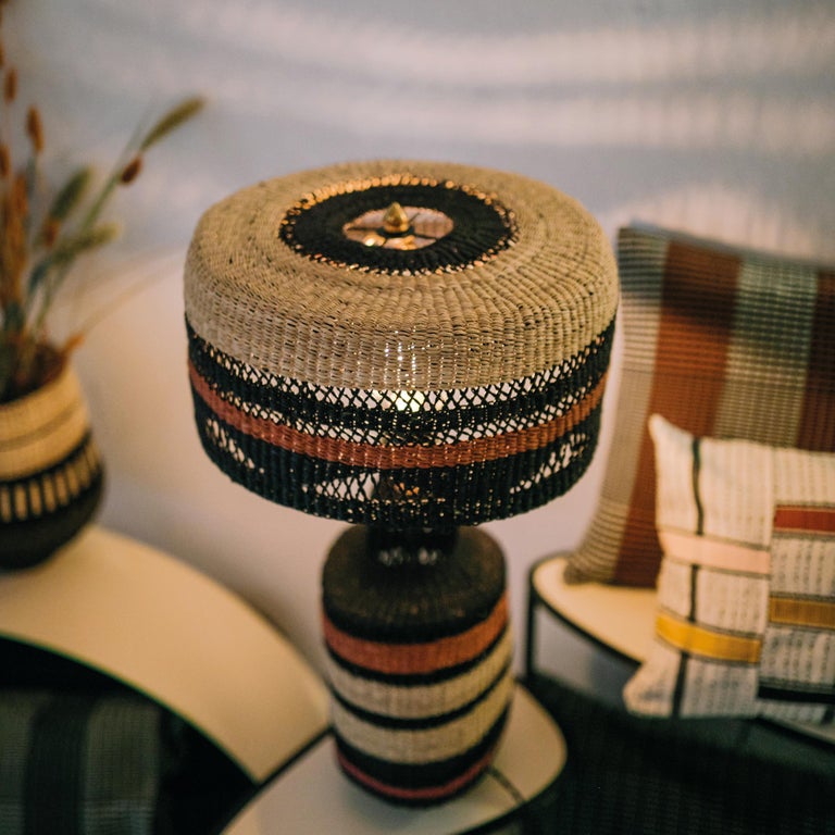 Contemporary Ethnic Table Lamp Striped Handwoven Straw Black Terracotta ...