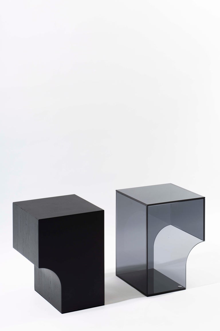 Contemporary minimalist arch side table, dark grey glass, Belgian ...