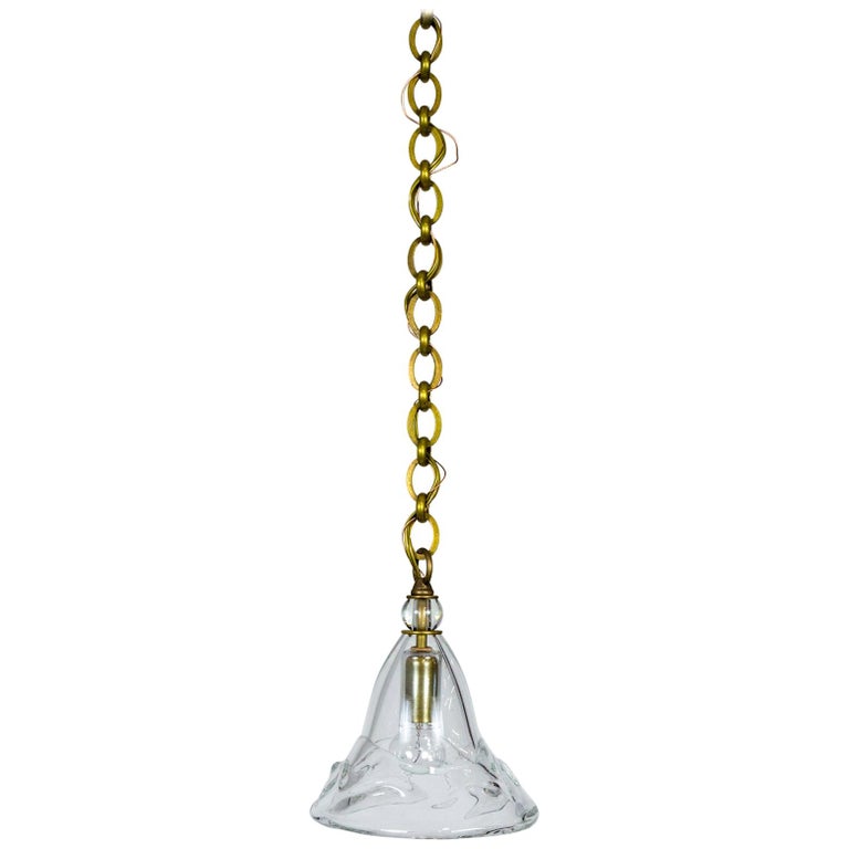 Contemporary Hand Blown Clear Bell Pendant Light on Long Brass Chain ...