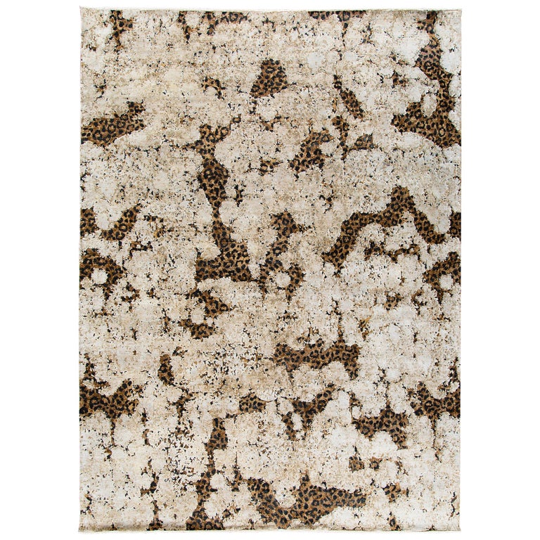 Contemporary Leopard Wool and Silk Hand-Knotted Rug in Brown, Creme and ...