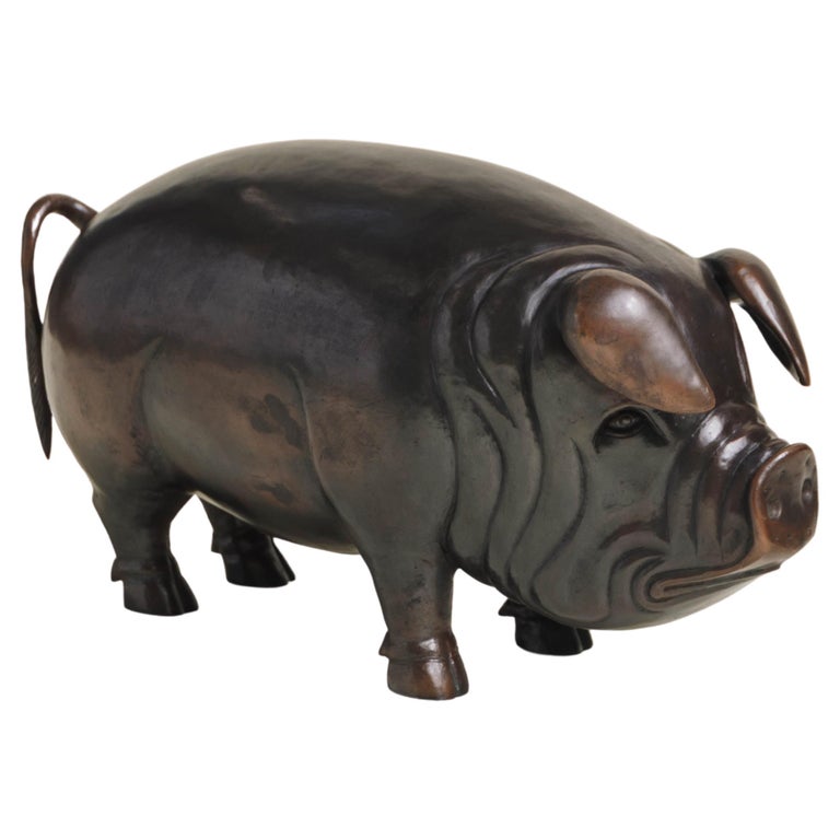 Contemporary Hand Repoussé Pig Sculpture in Dark Antique Copper by ...