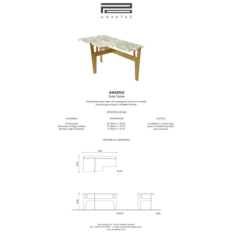 Contemporary Handmade Side Table "Anisetus" Brass Base and Marble Top ...