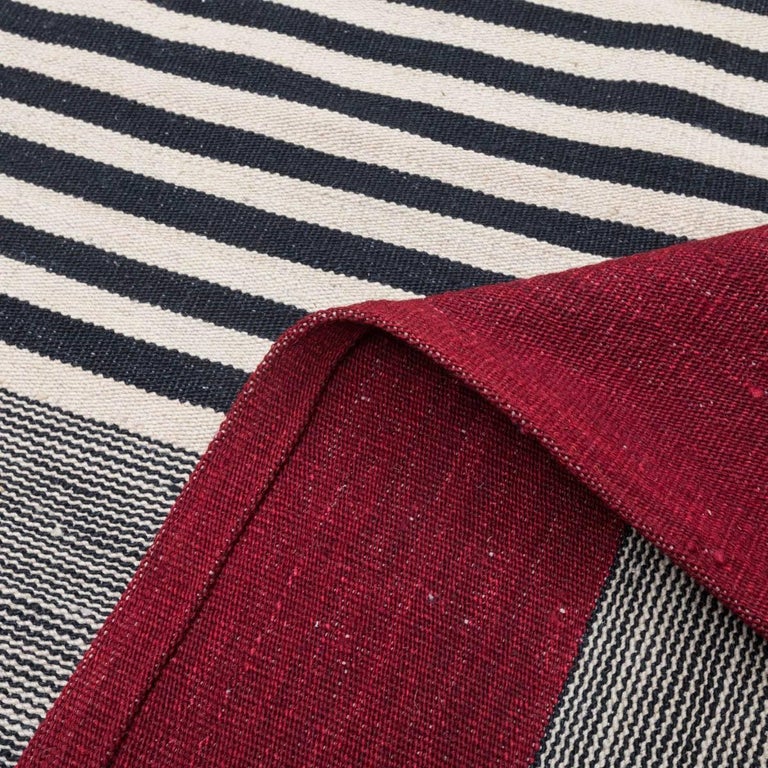 Contemporary, Handmade Flat-Weave Rug, Lines Design with Black and Red ...