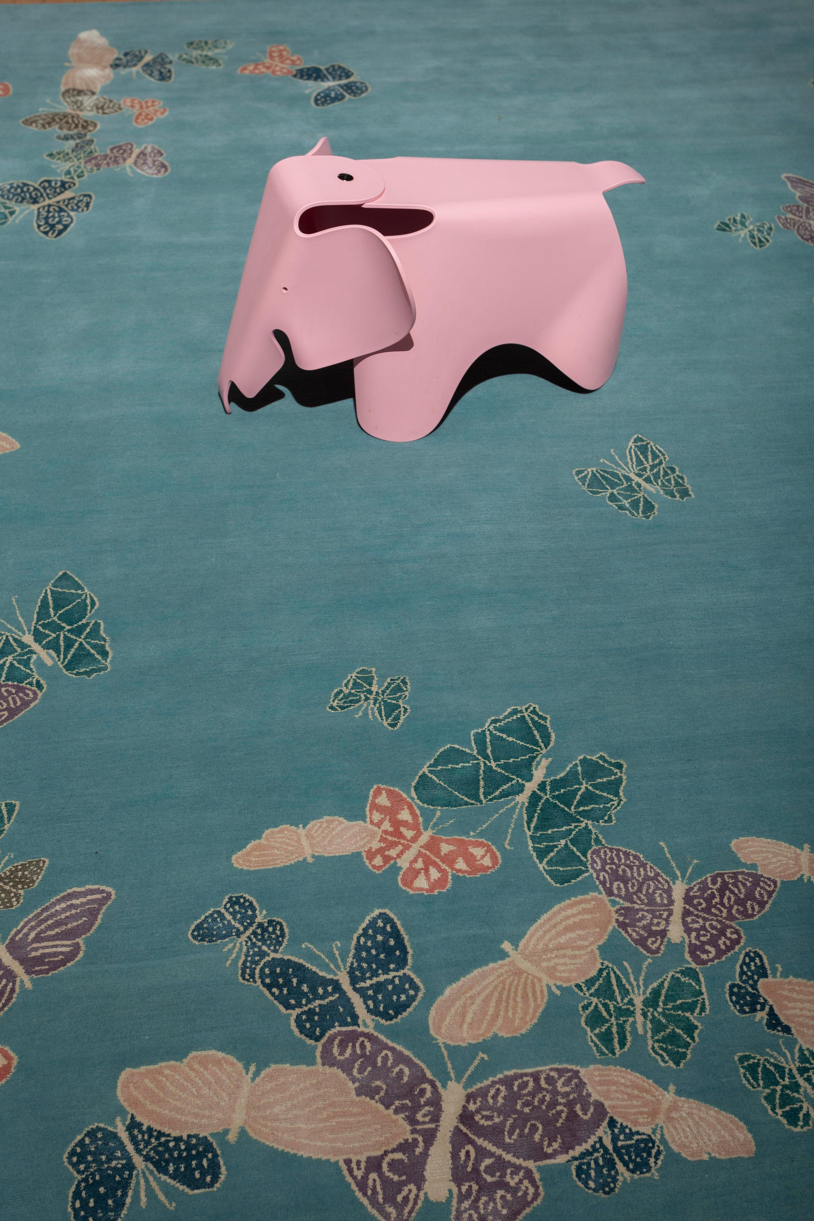 Contemporary Hand knotted Turquoise Wool Silk Rug, Butterflies, custom ...