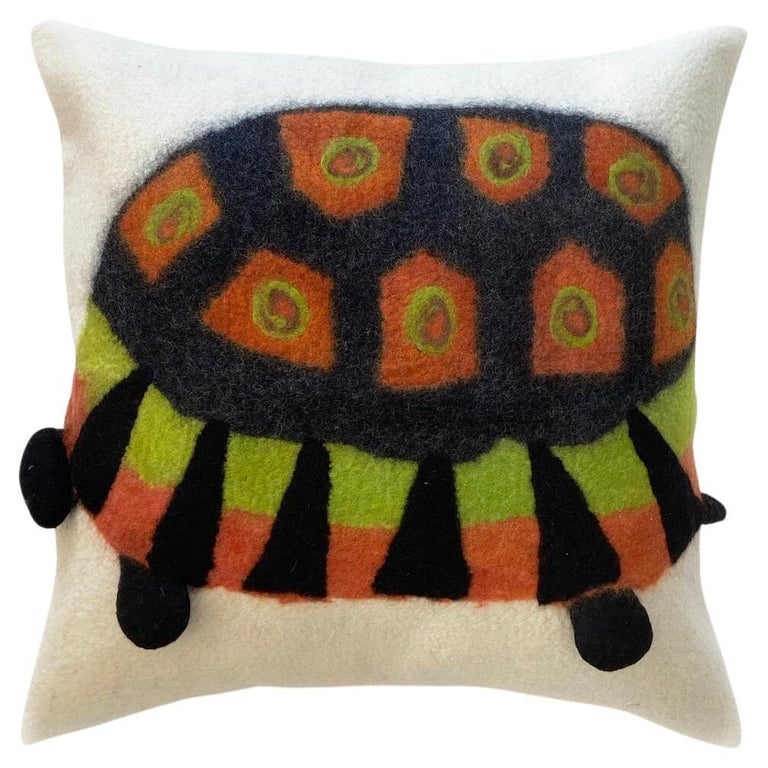 Contemporary Handmade Wool Pillows with Playful Turtle Image at 1stDibs