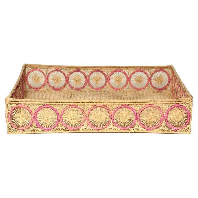 Contemporary Handwoven Natural and Pink Rattan Serving Tray / Basket ...