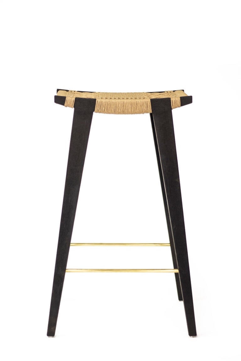 Contemporary hi-pi Bar Stool, Ebonised Oak, Danish Cord Seat and Brass ...