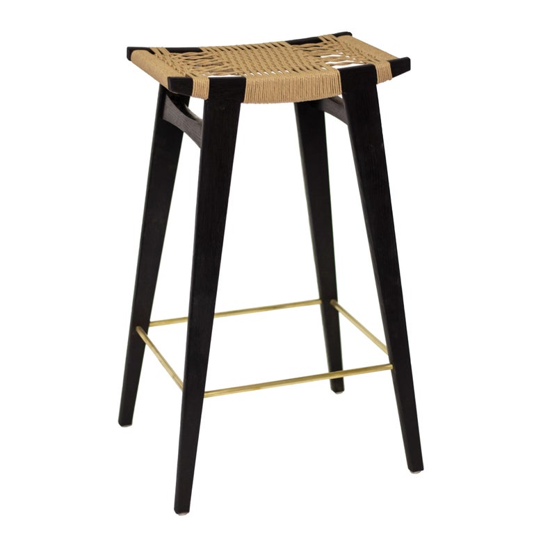 Contemporary hi-pi Bar Stool, Ebonised Oak, Danish Cord Seat and Brass ...