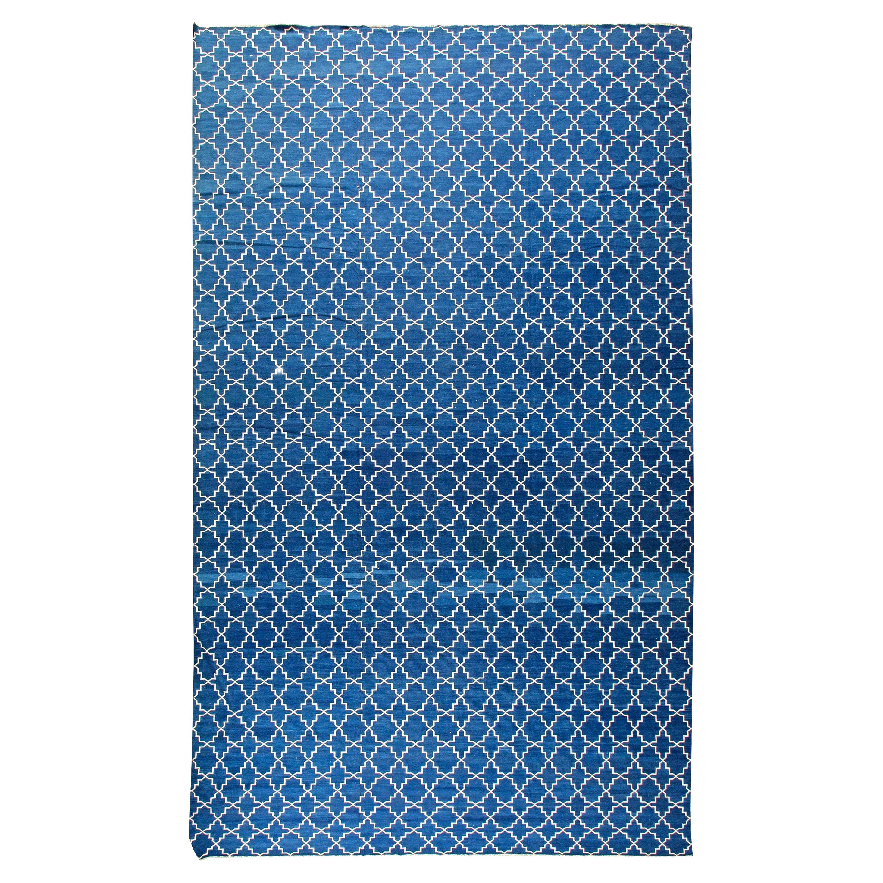 Contemporary Indian Dhurrie Blue and White Handmade Rug by Doris Leslie ...