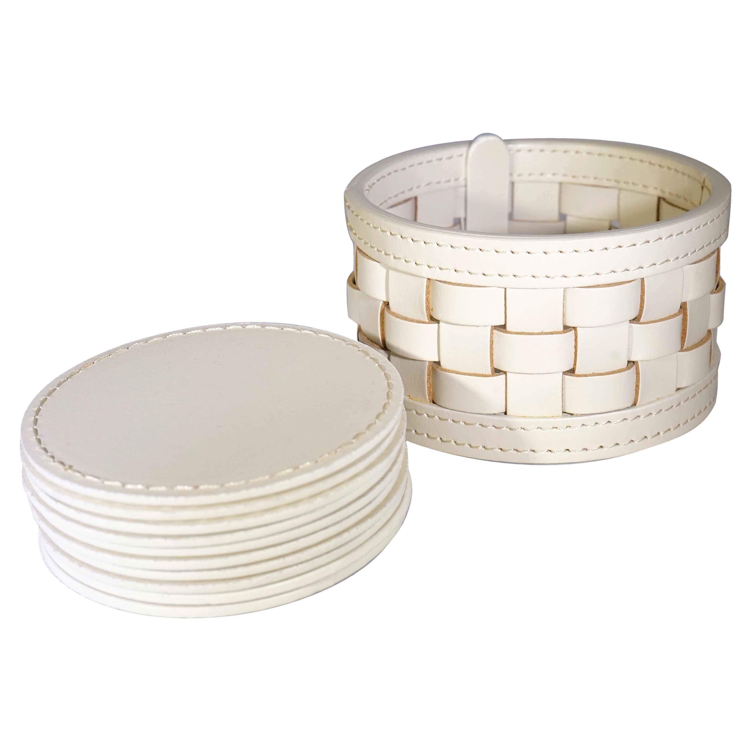 Contemporary Italian Woven Beige Leather Riviere Coaster Set at 1stDibs