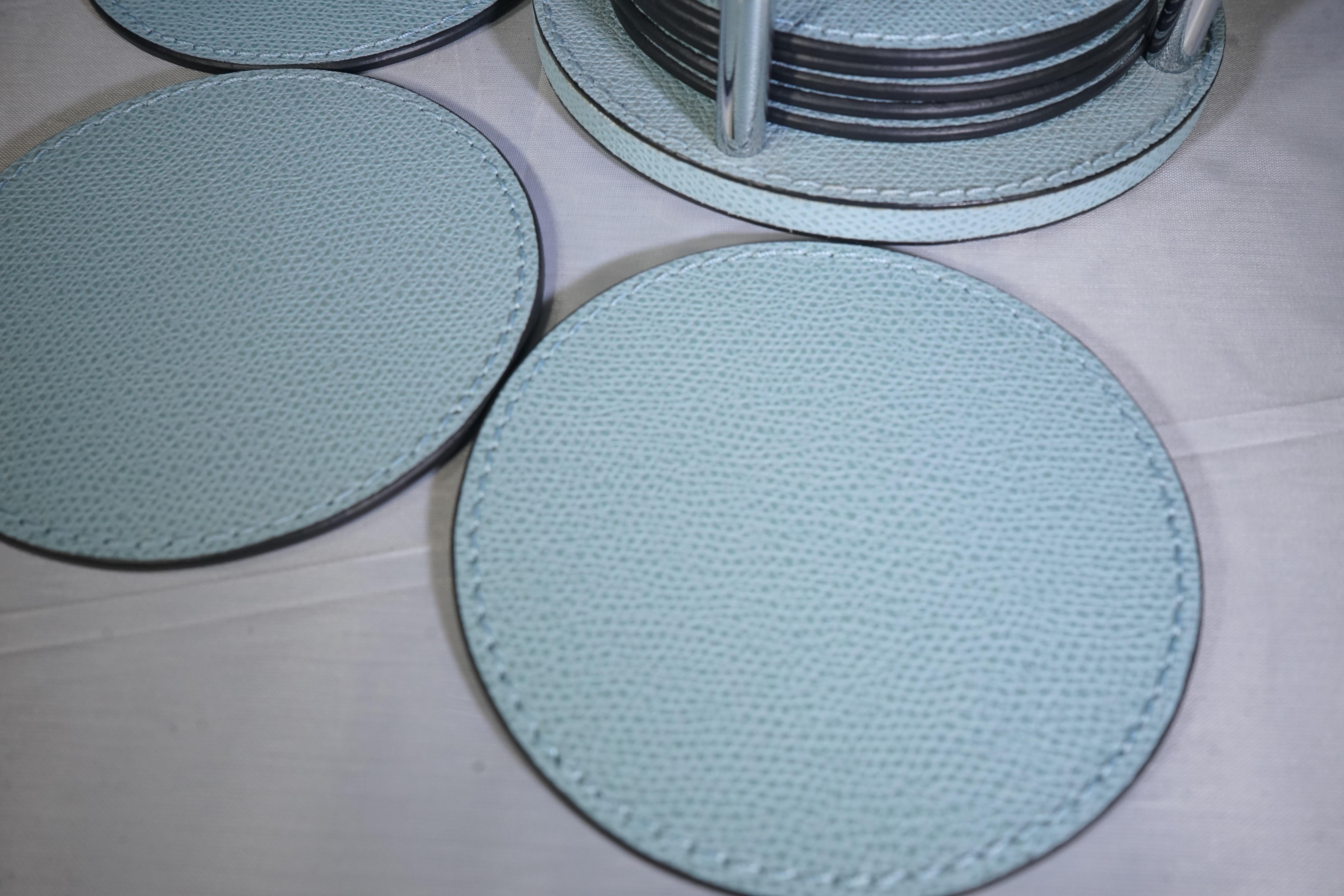 Contemporary Italian Leather Sky Blue Coaster Set at 1stDibs
