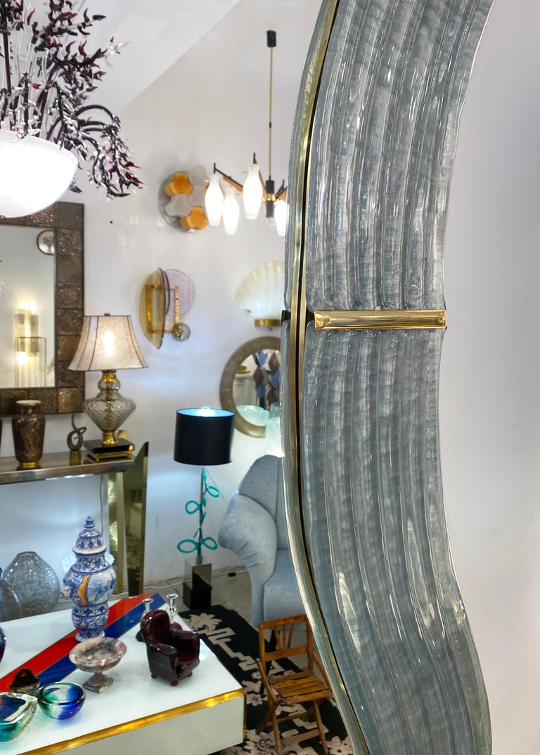 Contemporary Italian Pearl Gray Blue Murano Glass Curved Mirror and ...