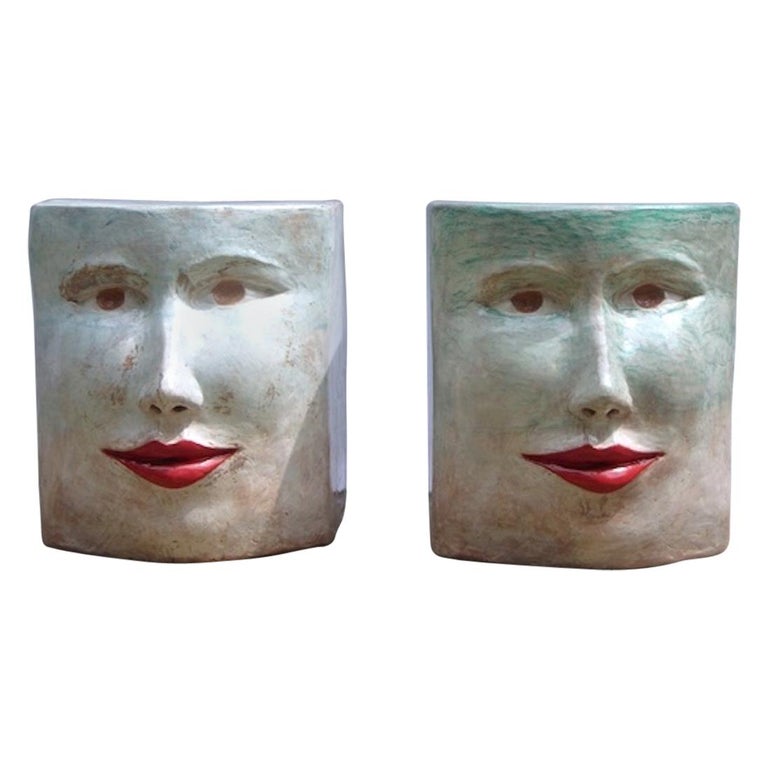 Contemporary Italian Pop Art Blue Green Terracotta Face Stool / Side ...