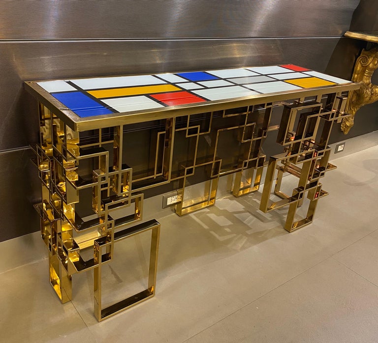 Contemporary Italian Sculptural Brass and Glass Top Console Table For ...