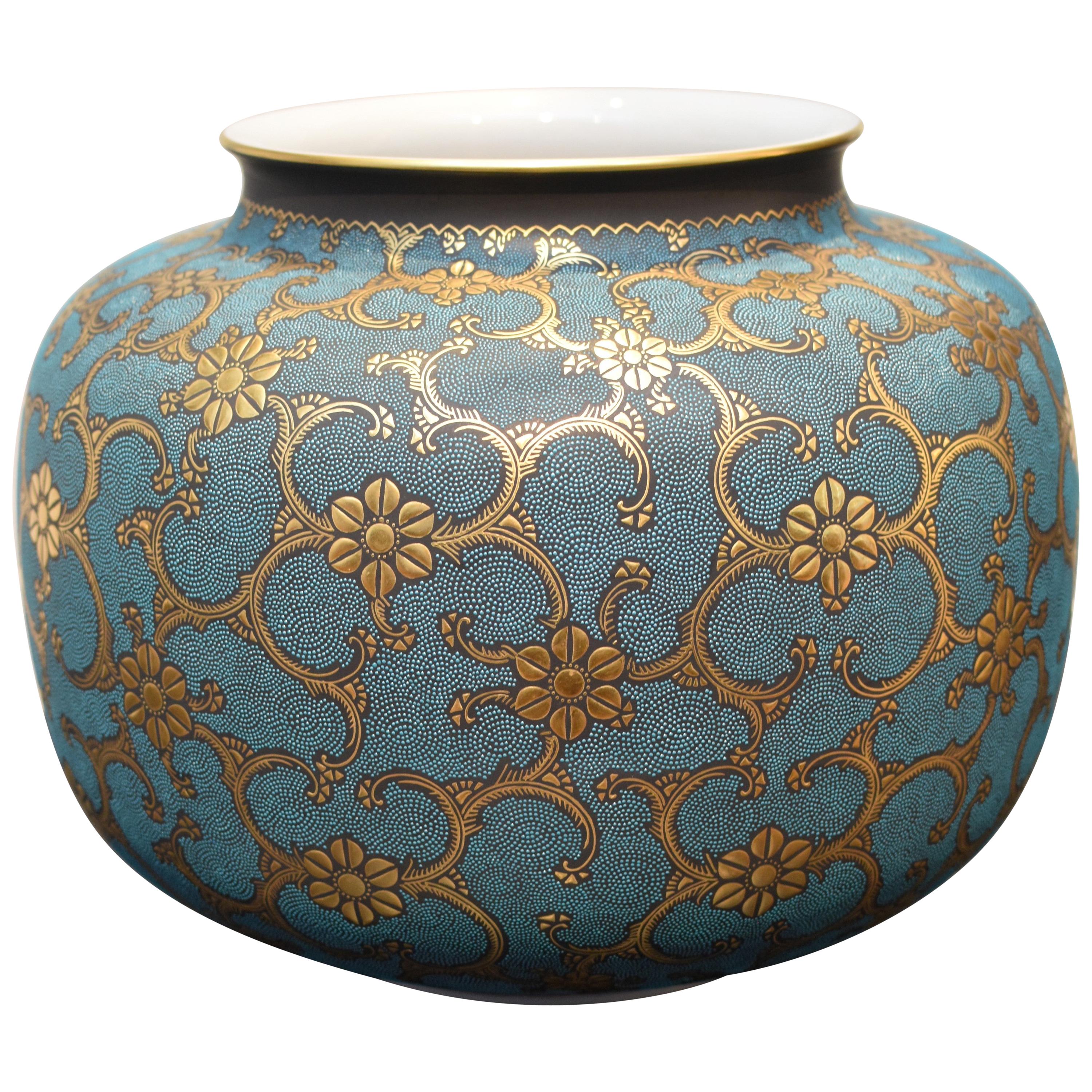 Japanese Pure Gold Blue Porcelain Vase by Contemporary Master Artist ...