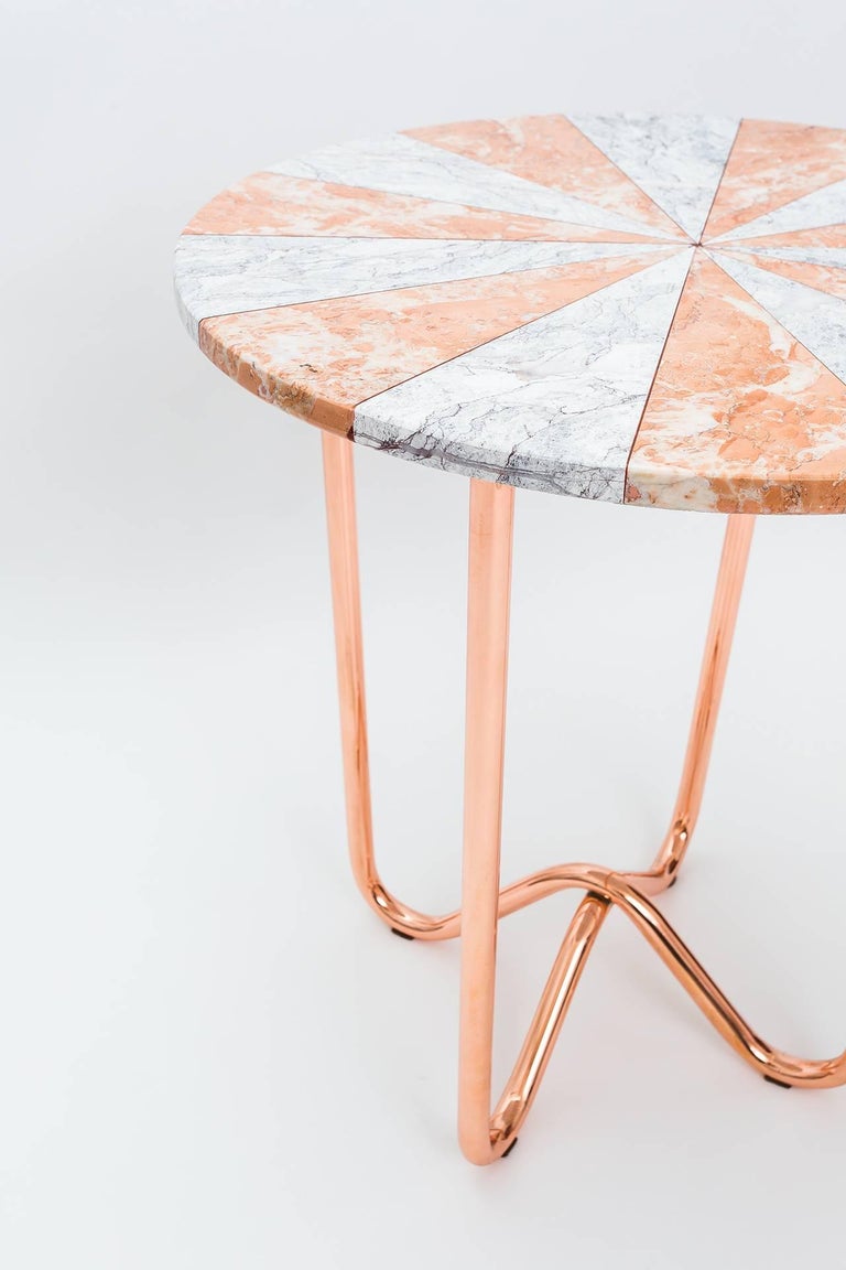 Contemporary Jasmine Pizza Pink Marble Side Table with Polished Copper ...