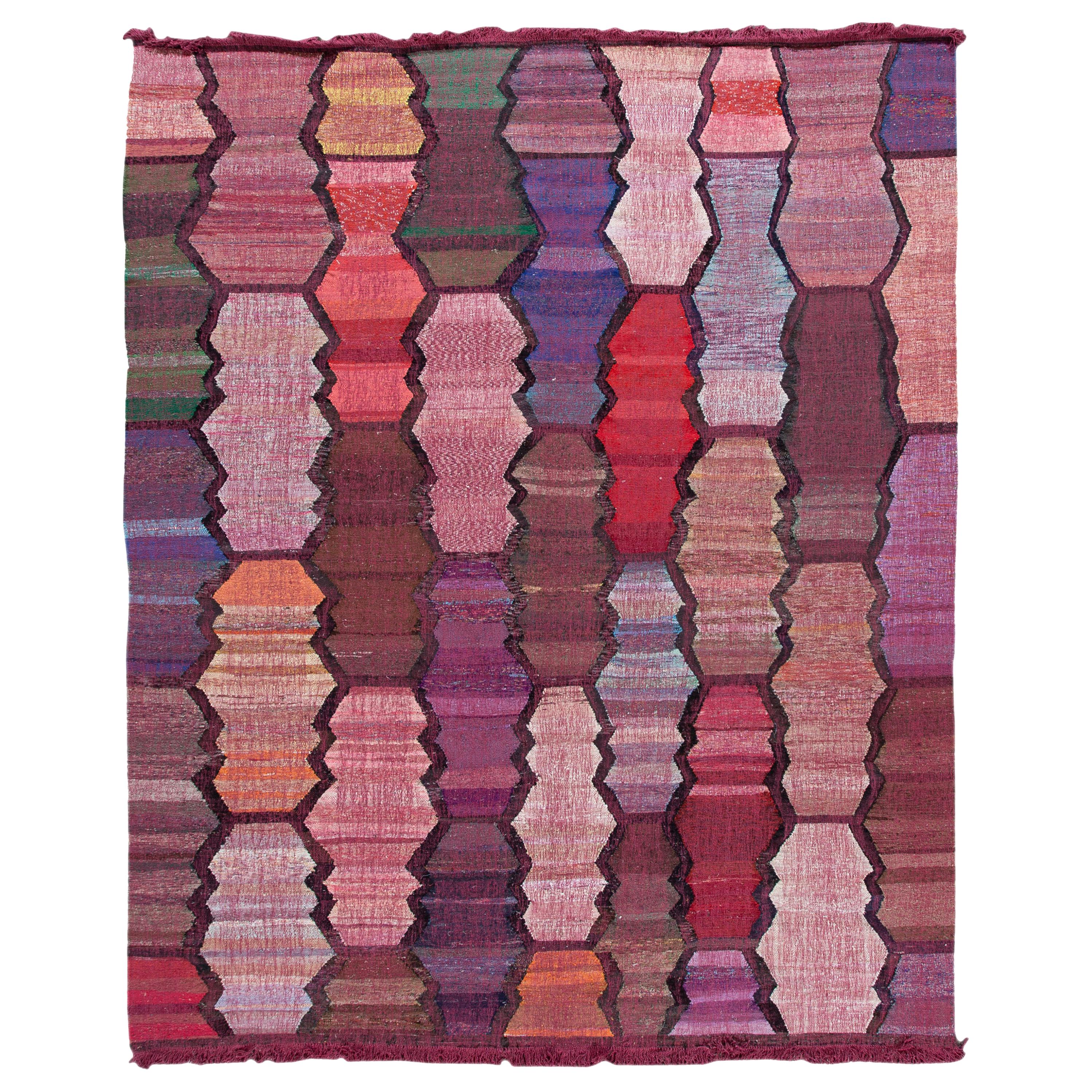 Contemporary Kilim Flatweave Multicolor Geometric Abstract Wool Rug For ...