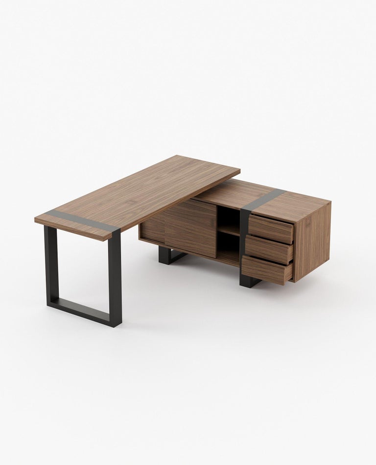 Custom L-Shape Desk in Matte Wood and Metal For Sale at 1stDibs