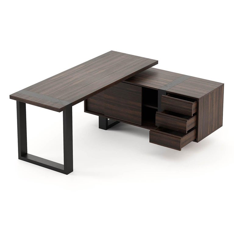 Custom L-Shape Desk in Matte Wood and Metal For Sale at 1stDibs