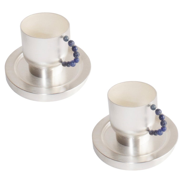 Contemporary Lapis Lazuli Set Handle Tea Cup Plate Silver Plated ...