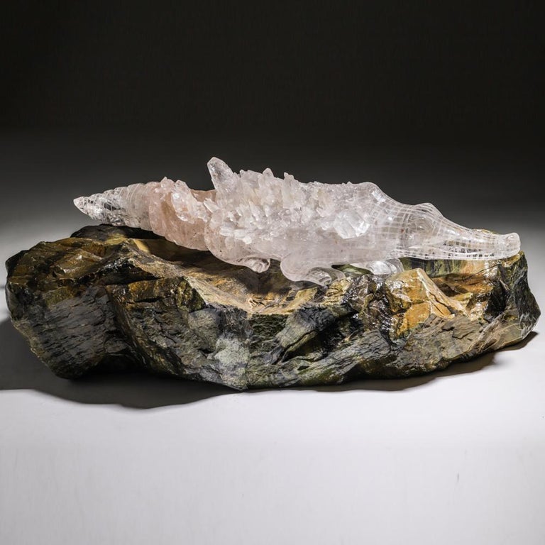 Contemporary Large Hand Carved Rock Crystal Alligator on Serpentine ...