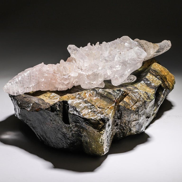 Contemporary Large Hand Carved Rock Crystal Alligator on Serpentine ...