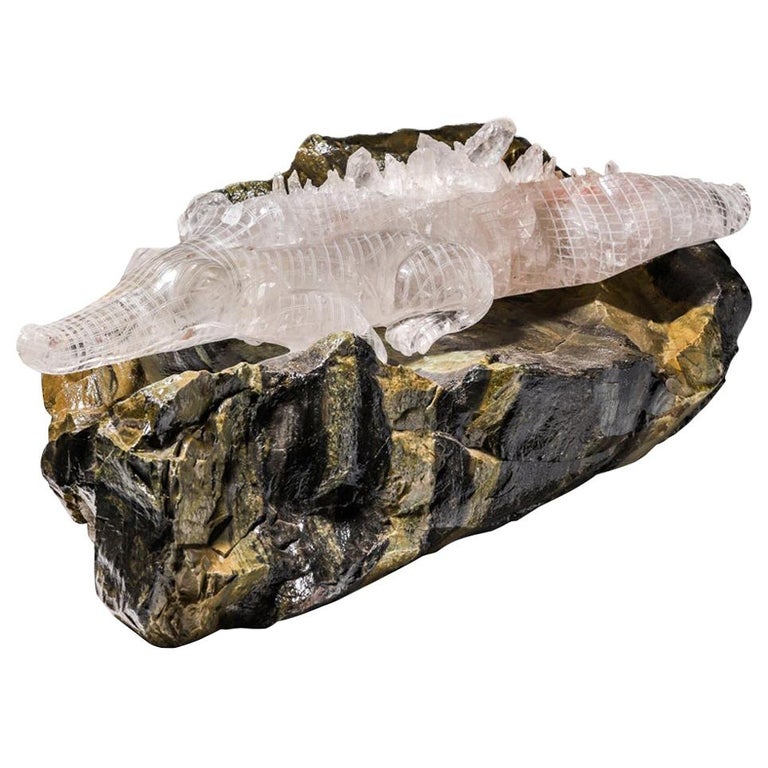 Contemporary Large Hand Carved Rock Crystal Alligator on Serpentine ...