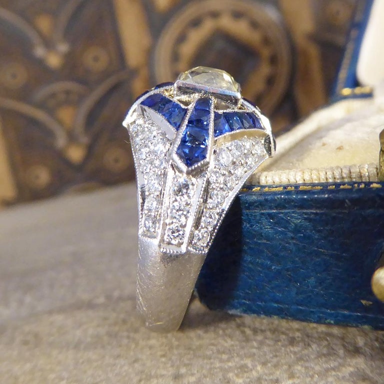 Contemporary Lemon Tinted Diamond and French Cut Sapphire Cross Ring in ...