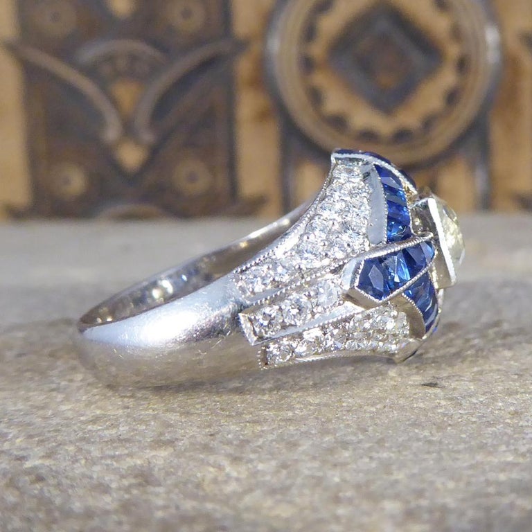 Contemporary Lemon Tinted Diamond and French Cut Sapphire Cross Ring in ...