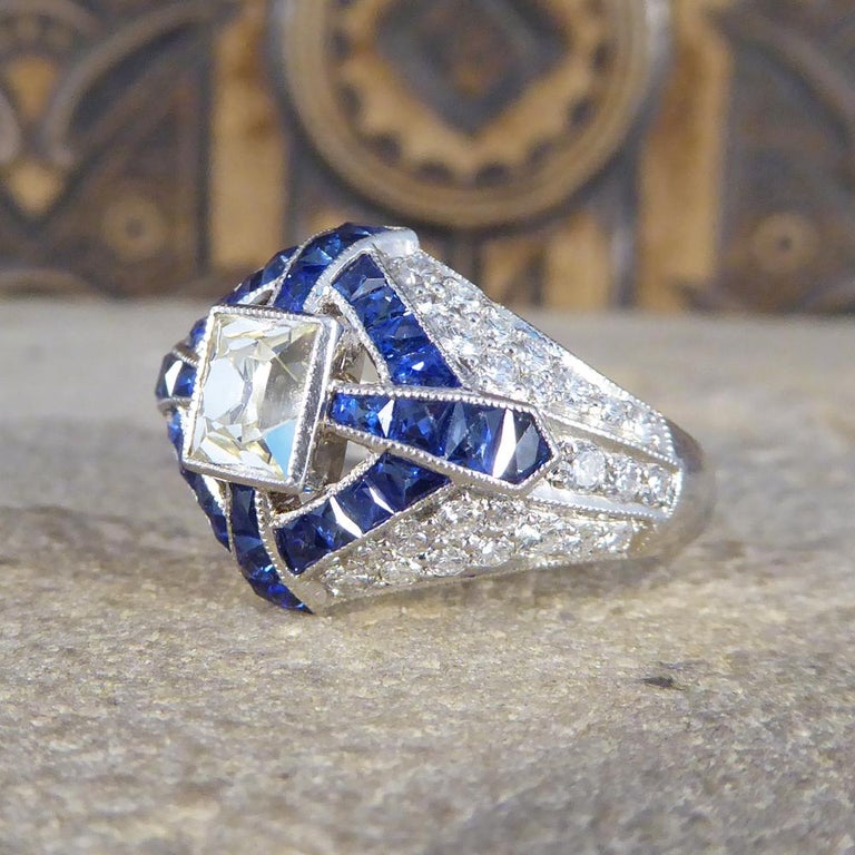 Contemporary Lemon Tinted Diamond and French Cut Sapphire Cross Ring in ...