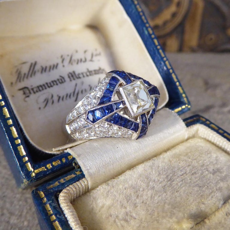 Contemporary Lemon Tinted Diamond and French Cut Sapphire Cross Ring in ...