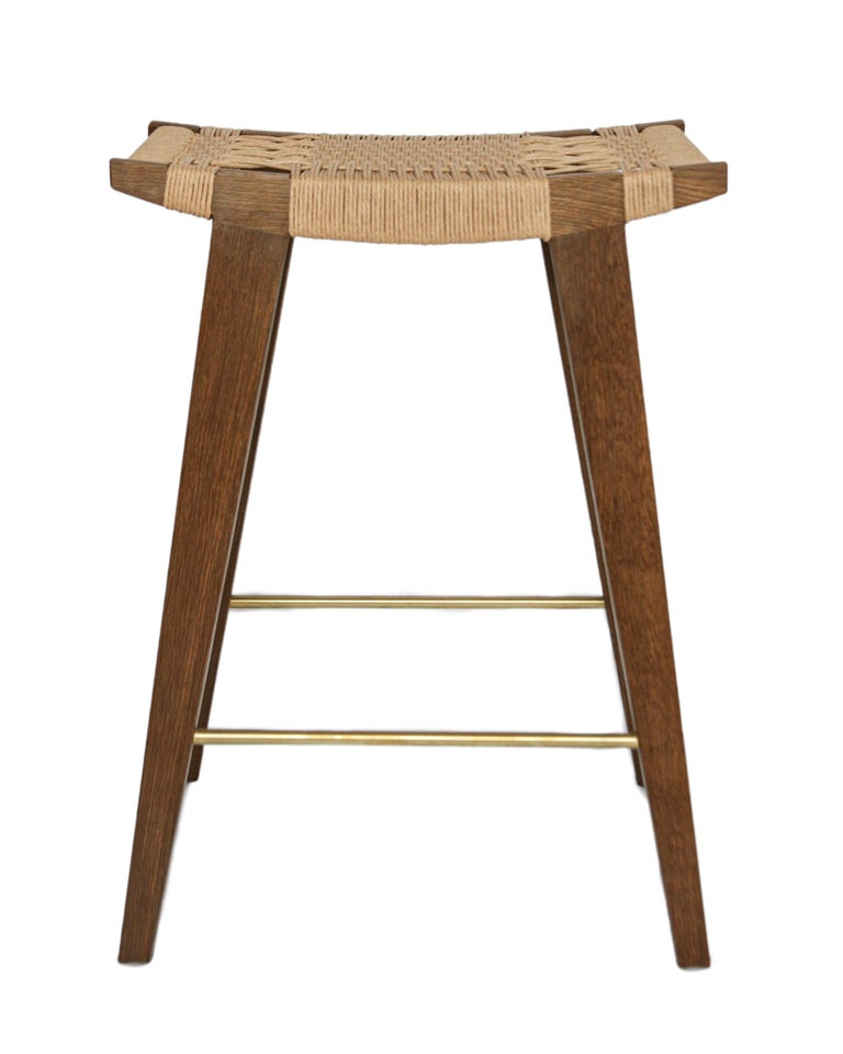 Contemporary lo-pi Bar Stool, Fumed Oak with Danish Cord Seat and Brass ...