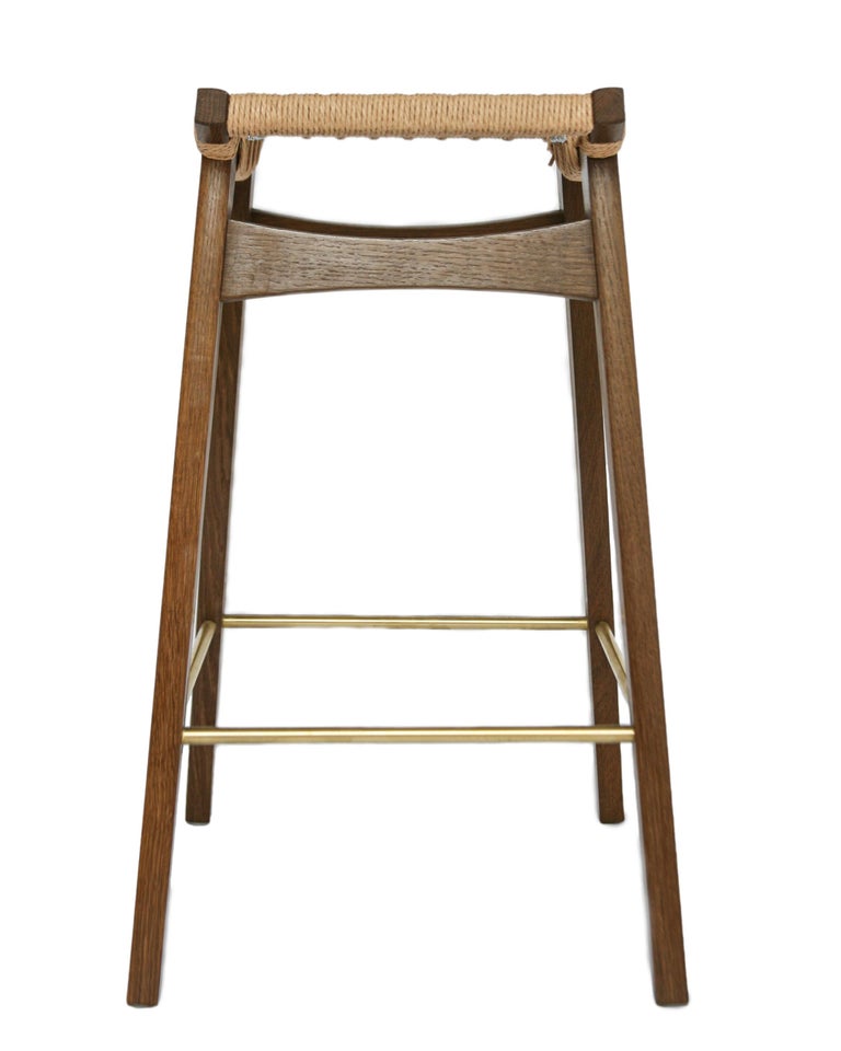 Contemporary lo-pi Bar Stool, Fumed Oak with Danish Cord Seat and Brass ...