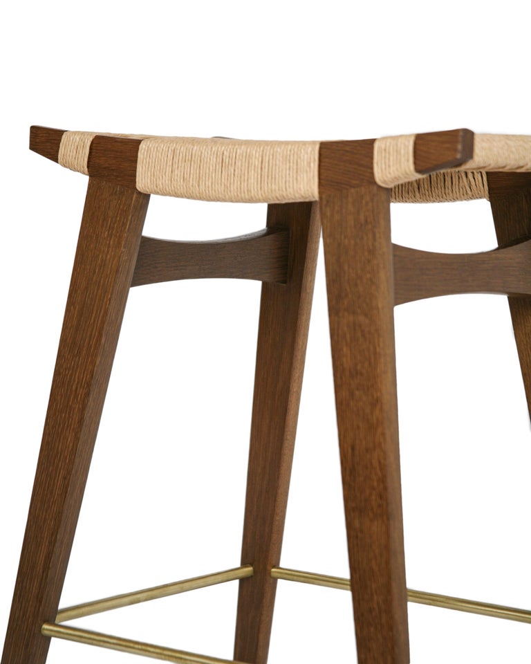 Contemporary lo-pi Bar Stool, Fumed Oak with Danish Cord Seat and Brass ...