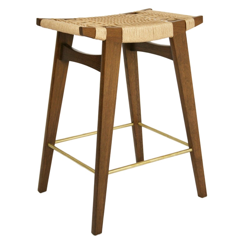 Contemporary lo-pi Bar Stool, Fumed Oak with Danish Cord Seat and Brass ...