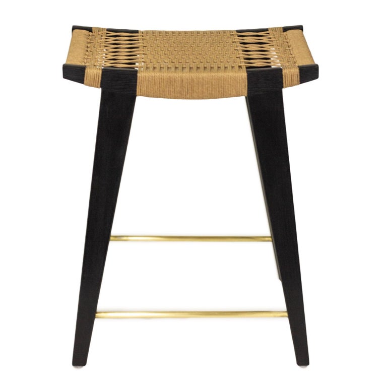 Contemporary lo-pi Bar Stool, Oak with Danish Cord Seat and Brass Foot ...
