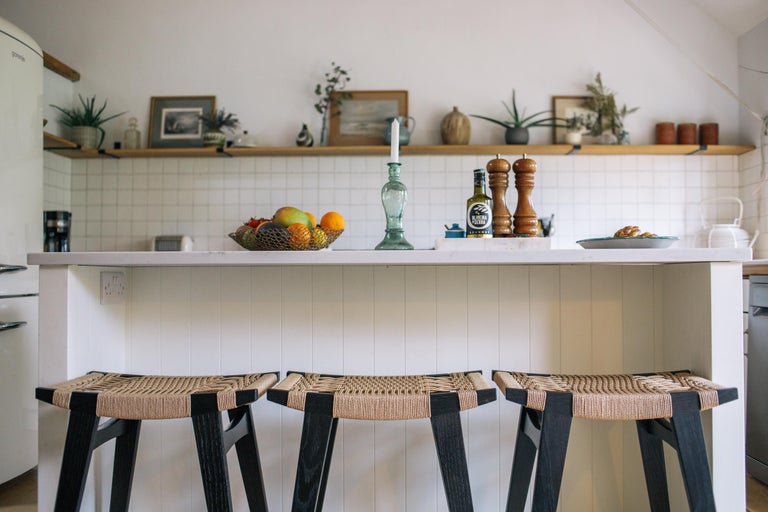Contemporary lo-pi Bar Stool, Oak with Danish Cord Seat and Brass Foot ...